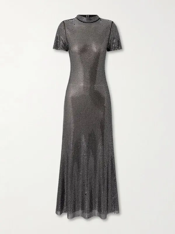 Self-Portrait Crystal-Embellished Mesh Midi Dress - Gray | Editorialist