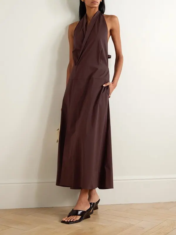 Cotton-blend Poplin Halterneck Wrap Maxi Dress - Brown