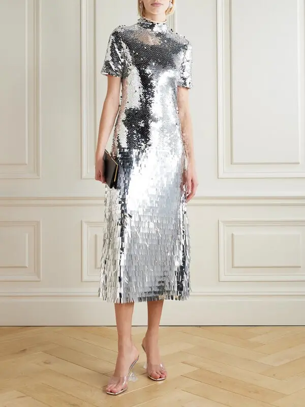 self portrait silver dress Silver Metallic Crinkle Maxi Dress