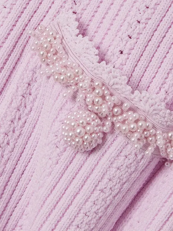 SELF-PORTRAIT Faux Pearl-embellished Pointelle-knit Mini Dress - Pink
