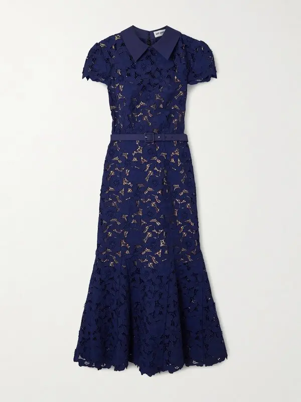 SELF-PORTRAIT Belted Guipure Lace Midi Dress - Blue