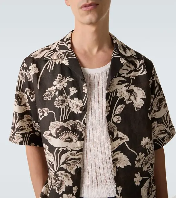 Commas Floral Linen Bowling Shirt - Black