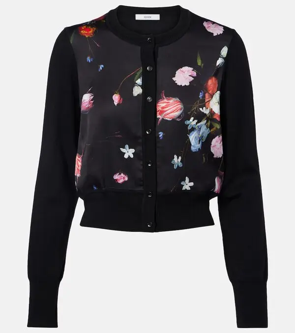 Erdem Floral Printed Cropped Wool Cardigan - Black