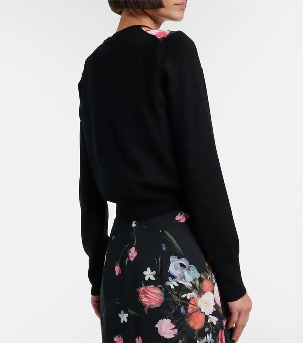 Erdem Floral Printed Cropped Wool Cardigan - Black