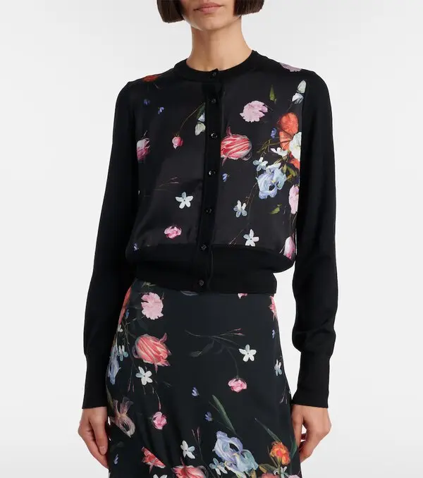 Erdem Floral Printed Cropped Wool Cardigan - Black