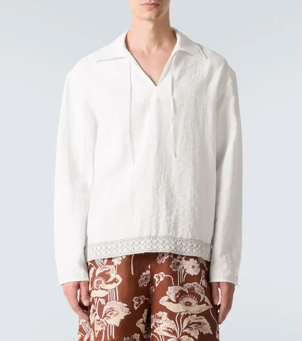 Commas Crochet-trimmed Tie-neck Linen-blend Shirt