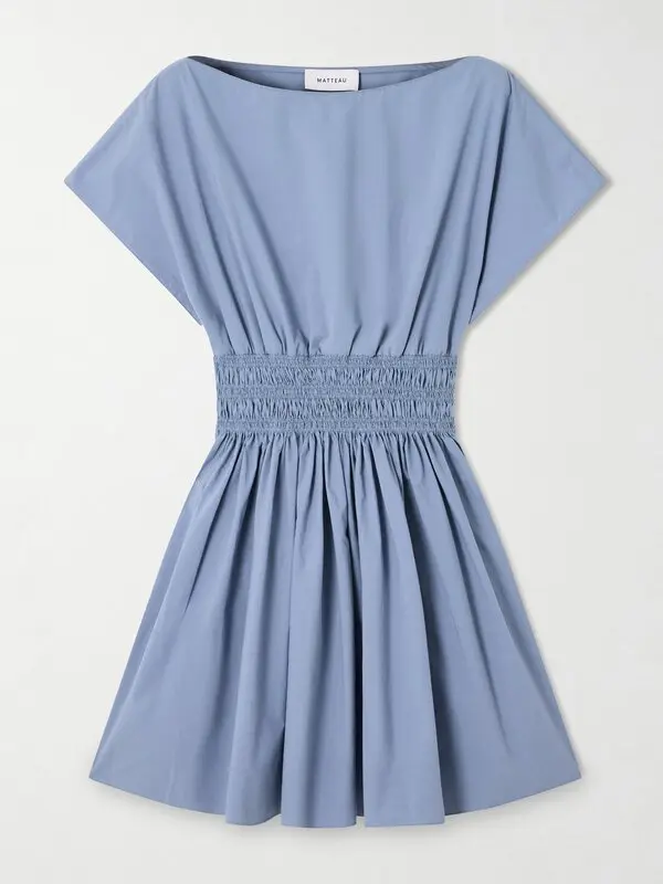 Matteau Shirred Organic Cotton Mini Dress - Blue