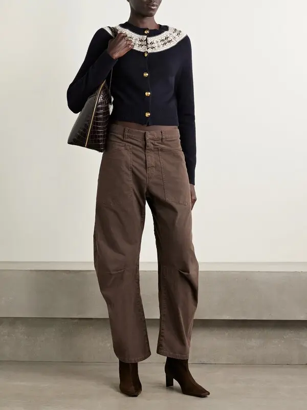 NILI LOTAN Shon Brushed Stretch-cotton Twill Barrel-leg Pants - Brown
