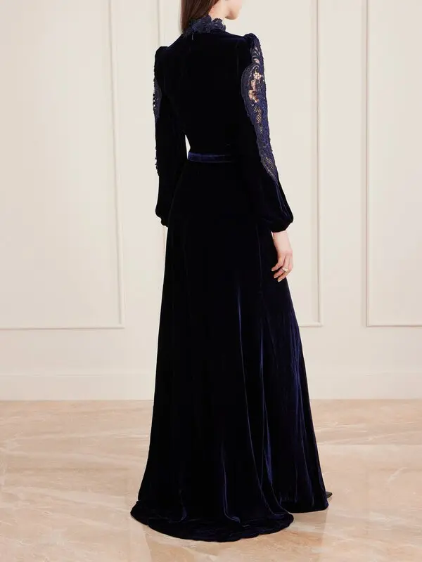 Costarellos Belted Lace-paneled Velvet Gown - Blue