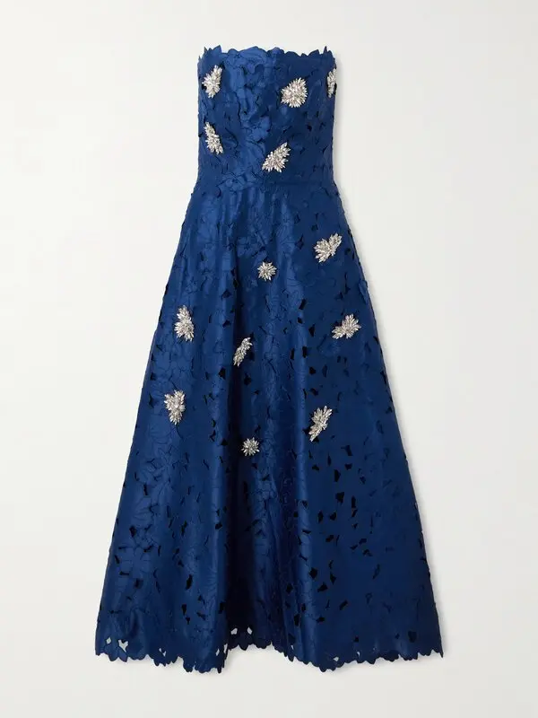Costarellos Strapless Crystal-embellished Lace Midi Dress