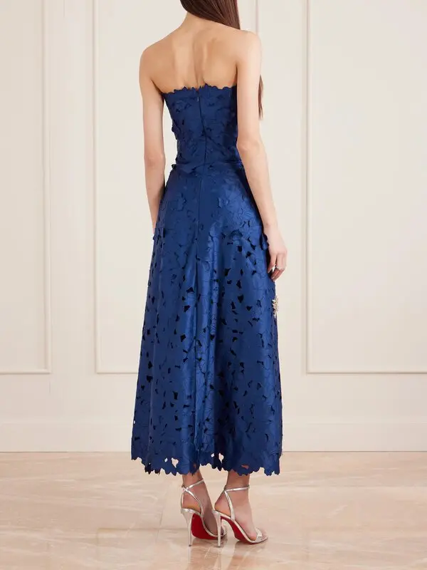 Costarellos Strapless Crystal-embellished Lace Midi Dress