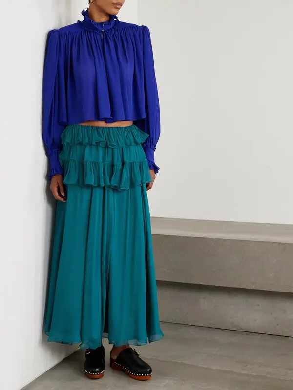 Chloé Tiered Organic Silk-mousseline Maxi Skirt - Blue