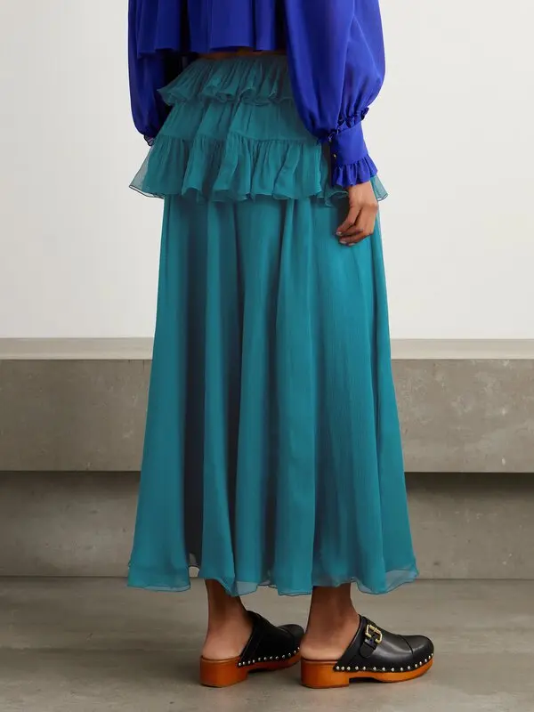 Chloé Tiered Organic Silk-mousseline Maxi Skirt - Blue