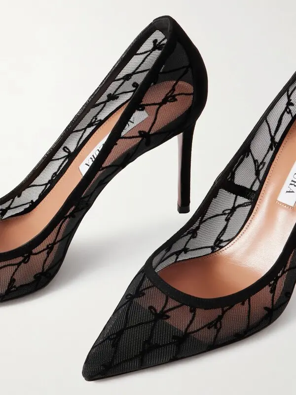 AQUAZZURA 85 Suede-trimmed Flocked Mesh Pumps