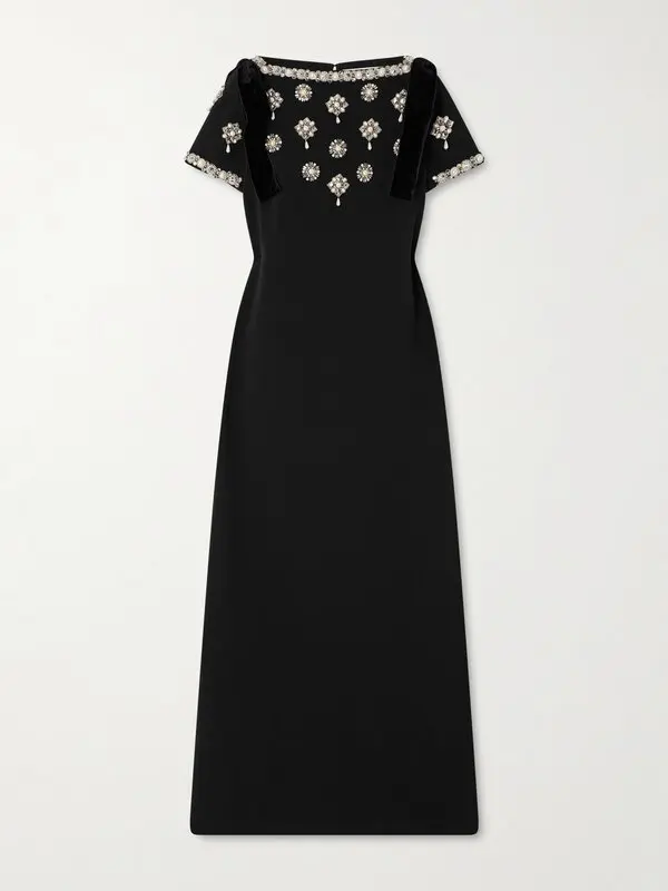 Carolina Herrera Embellished Velvet-trimmed Crepe Gown - Black