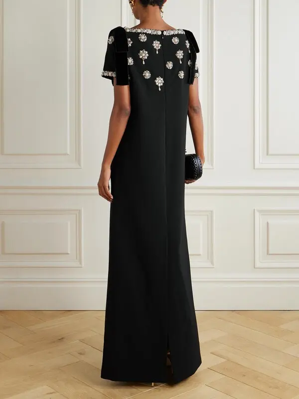 Carolina Herrera Embellished Velvet-trimmed Crepe Gown - Black
