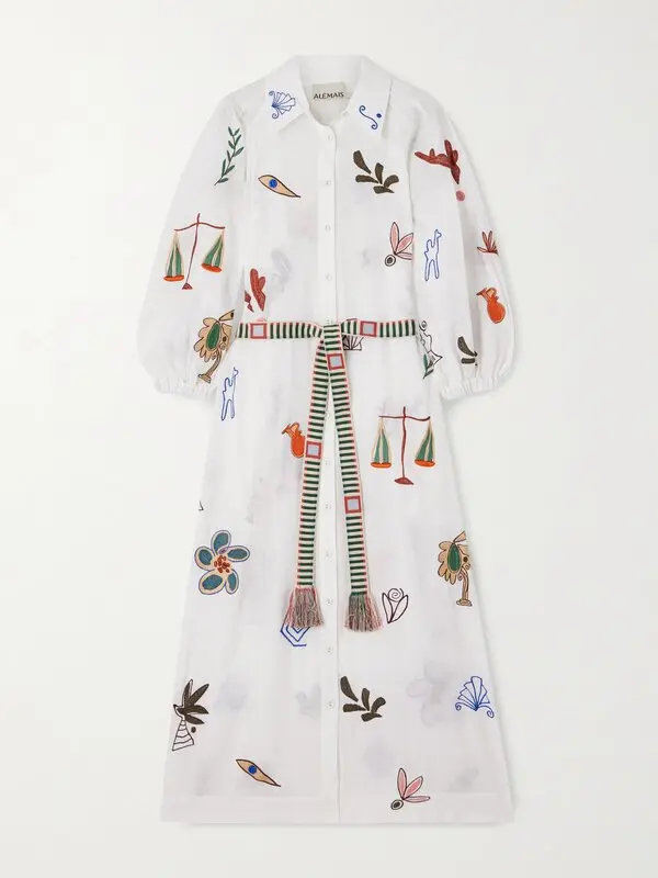 ALEMAIS Lrnce Mina Embroidered Ramie Midi Shirt Dress - Neutrals