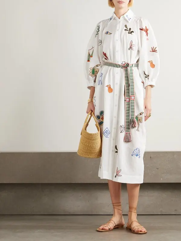 ALEMAIS Lrnce Mina Embroidered Ramie Midi Shirt Dress - Neutrals