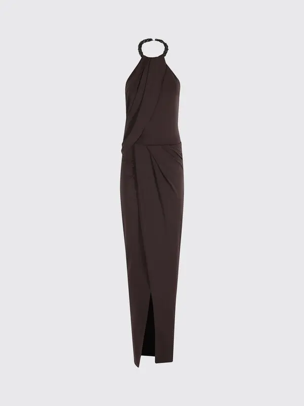 Amen Halterneck Gown With Embellished Neckline And Draped Skirt - Brown