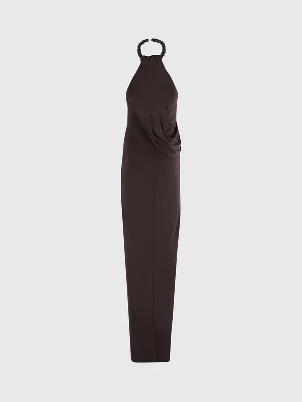 Amen Halterneck Gown With Embellished Neckline And Draped Skirt - Brown