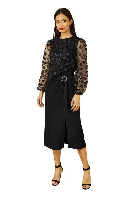 YUMI Long Sleeve Sheer Floral Blouse - Black