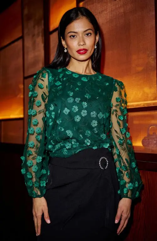 YUMI Long Sleeve Sheer Floral Blouse - Green