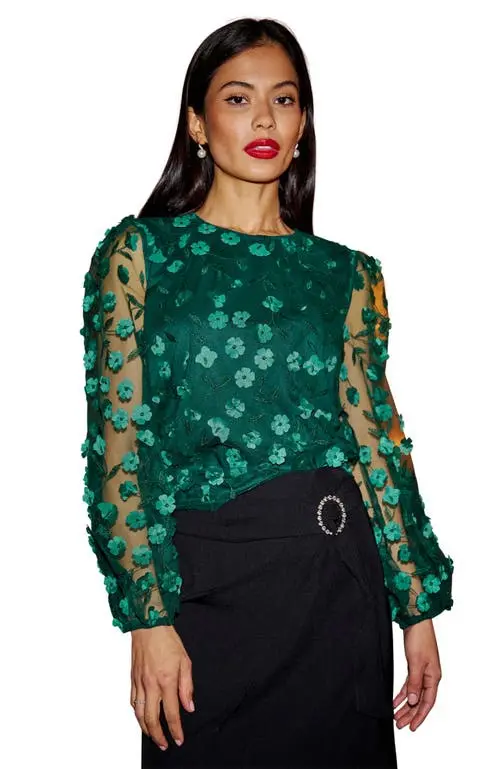 YUMI Long Sleeve Sheer Floral Applique Top - Green