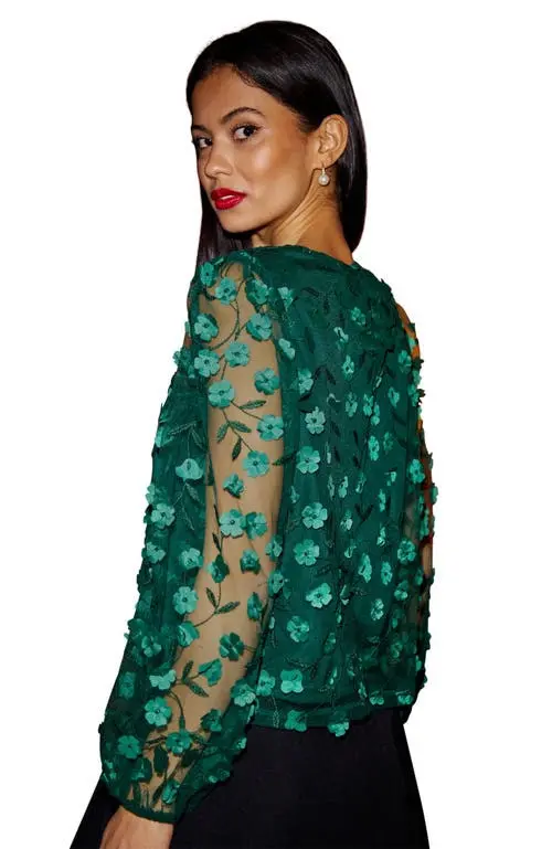 YUMI Long Sleeve Sheer Floral Applique Top - Green