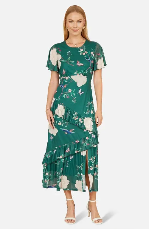 YUMI Mesh Bird And Floral Print Midi Dress - Green