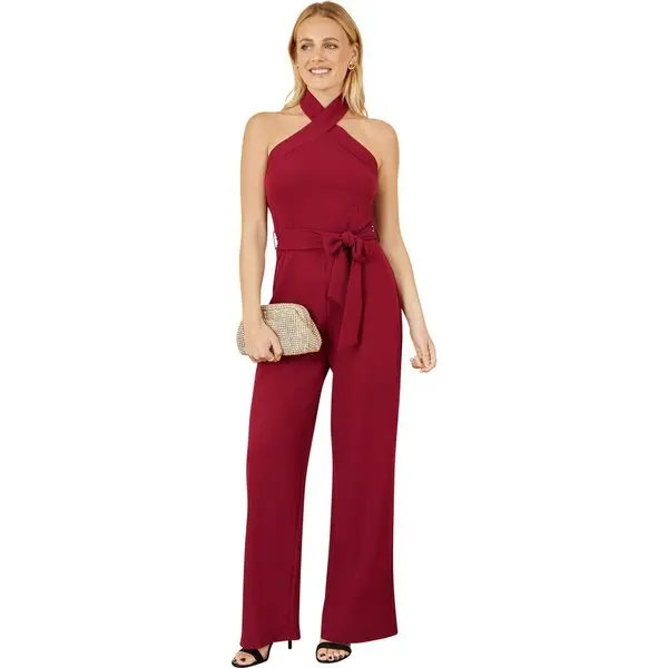 YUMI Cross Over Halter Neck Jumpsuit - Burgundy