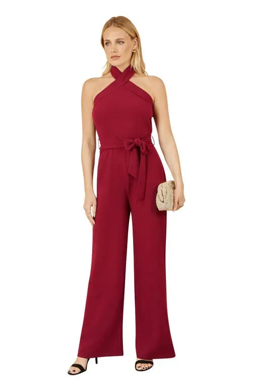 YUMI Cross Over Halter Neck Jumpsuit - Burgundy