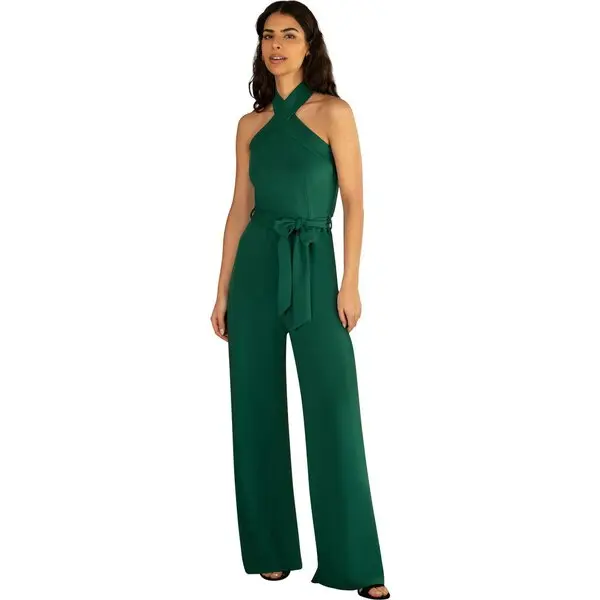 YUMI Cross Over Halter Neck Wide Leg Jumpsuit - Green