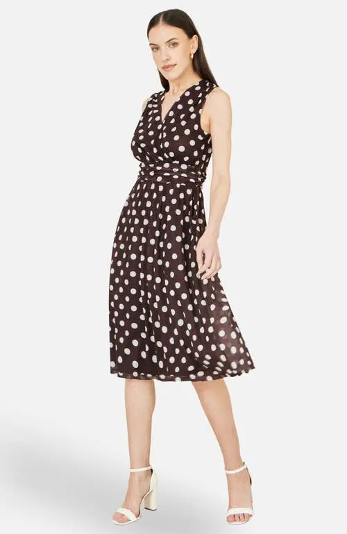 YUMI Polka Dot Mesh Wrap Skater Dress - Brown