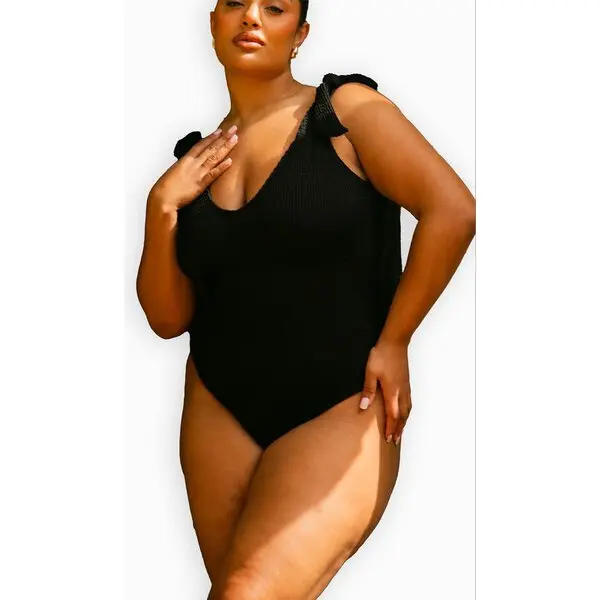 FASHION-SZN CURVE Sculpted Crinkle Tie Strap Swimsuit - Black