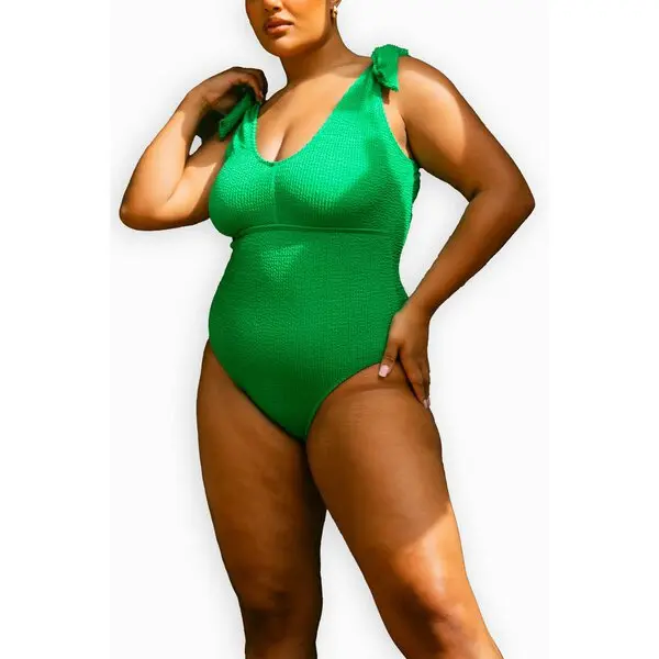 FASHION-SZN CURVE Sculpted Crinkle Tie Strap Swimsuit - Green