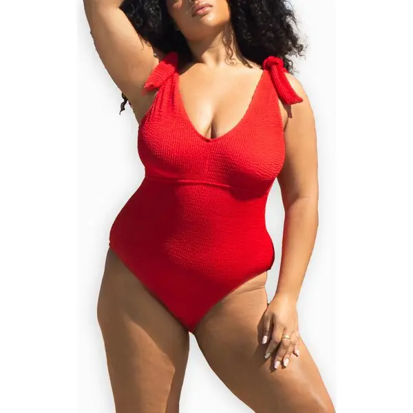 FASHION-SZN CURVE Sculpted Crinkle Tie Strap Swimsuit - Red