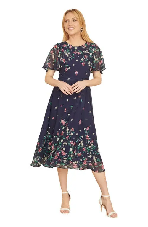 YUMI Daisy Placement Skater Midi Dress - Navy