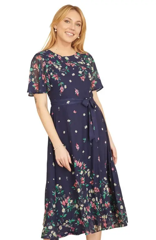 YUMI Daisy Placement Skater Midi Dress - Navy