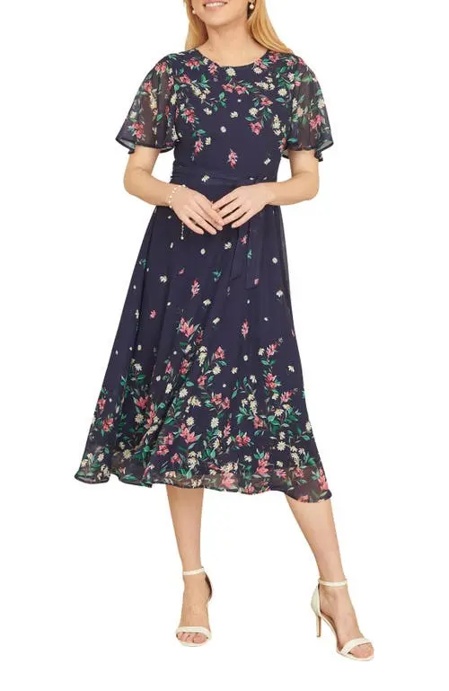 YUMI Daisy Placement Skater Midi Dress - Navy