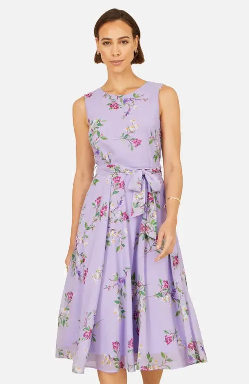 YUMI Sleeveless Tie Waist Printed Midi Dress - Lilac
