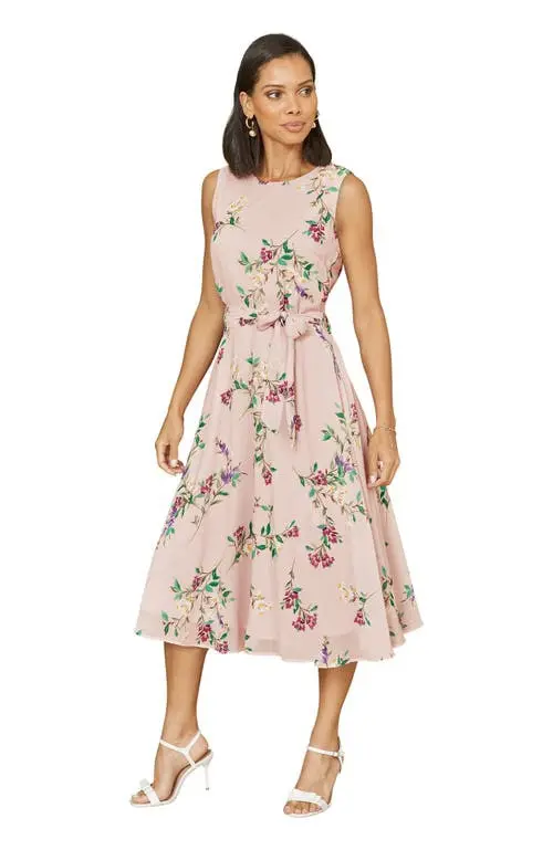 YUMI Sleeveless Tie Waist Printed Midi Dress - Pink