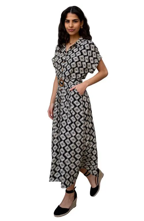 YUMI Belted Midi Shirt Dress - Black