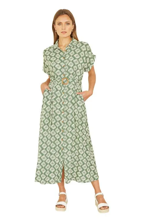 YUMI Belted Midi Shirt Dress - Green