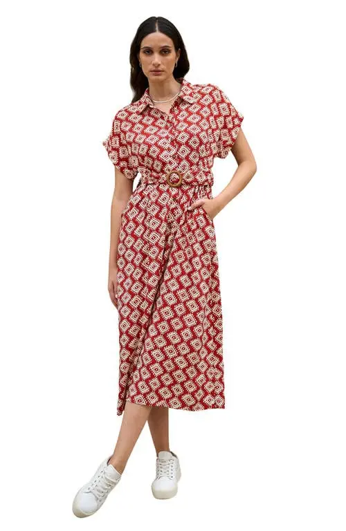 YUMI Belted Midi Shirt Dress - Red