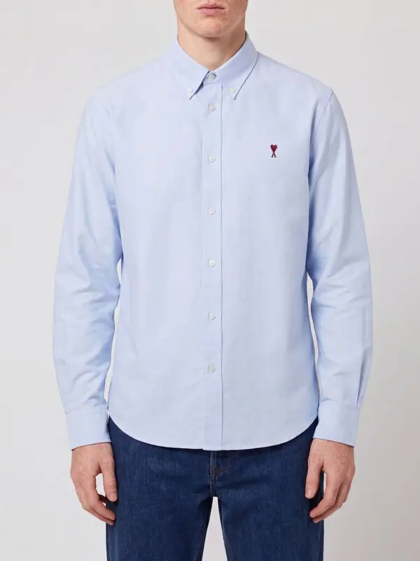 AMI Paris Cotton Poplin Shirt With Button-down Collar And Logo - Blue