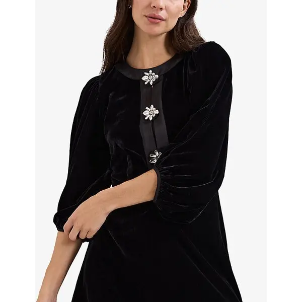 black velvet diamante mini dress CurveWow Velvet Diamante Button Front Mini Dress Black – Curvewow main image 0