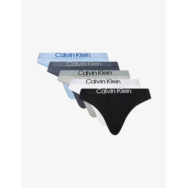 Calvin Klein Maximum Cotton Pack Of Five Stretch-cotton Thongs - Blk/wht/gry/frzn/trbl