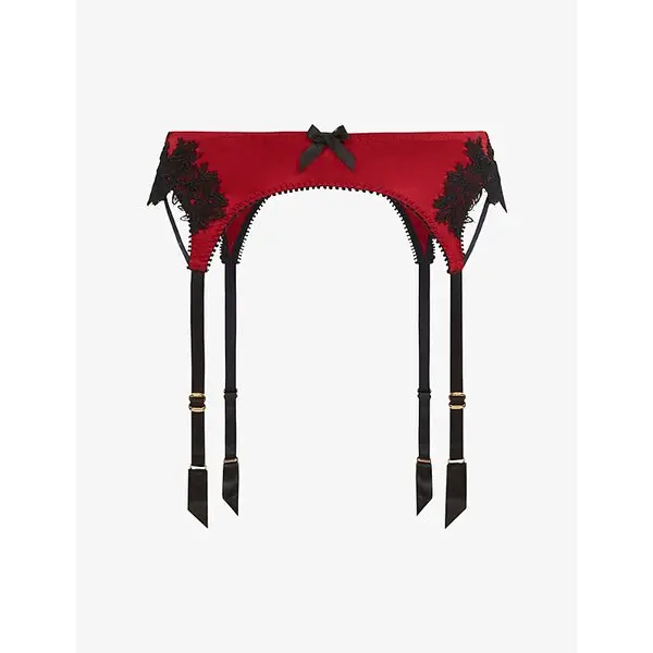 Agent Provocateur Penelopi Embroidered Silk Suspenders - Red/black