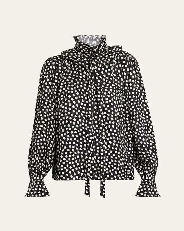 Chloé Dots-print Silk Jacquard Ruffle Blouse - Black/beige