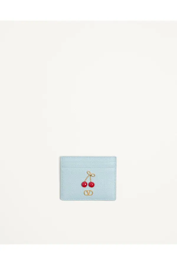 Valentino Garavani Cherryfic Cardholder In Grainy Calfskin - Blue